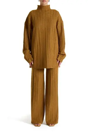 Naked Wardrobe Rib Knit Wide Leg Pants - Camel