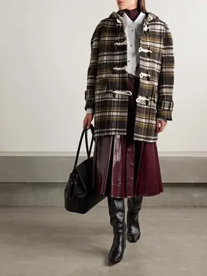 Co Hooded Checked Wool-felt Coat - Brown