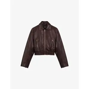 Maje Cropped Leather Jacket With Smocked Waist