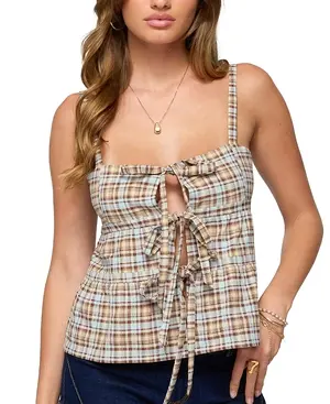 EDIKTED Mirena Tie Front Plaid Top