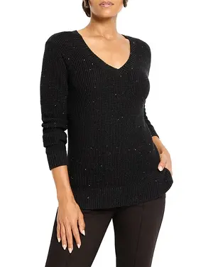 NIC+ZOE Shimmer Waffle V-neck Sweater - Black Onyx