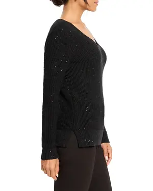 NIC+ZOE Shimmer Waffle V-neck Sweater - Black Onyx