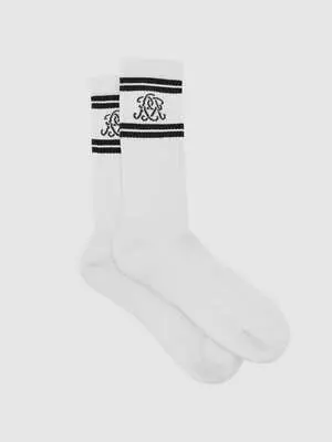 REISS Maurice Monogram Cotton-Blend Rib Sport Socks Ecru/chocolate Brown