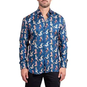 MACEOO Fibonacci Ascension 0220 Pin-up Print Contemporary Fit Button-up Shirt - Blue