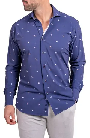 MACEOO Einstein Stretch Ascension 0205 Dog Print Contemporary Fit Button-up Shirt - Blue