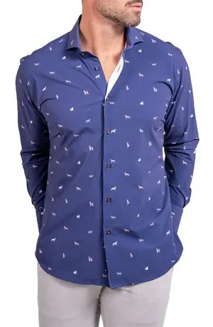 MACEOO Einstein Stretch Ascension 0205 Dog Print Contemporary Fit Button-up Shirt - Blue