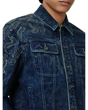 John Varvatos Anthony Embroidered Denim Trucker Jacket - Blue Smoke