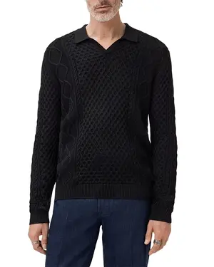 John Varvatos Haynes Open Collar Cable Knit Polo Sweater - Black
