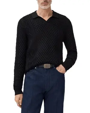 John Varvatos Haynes Open Collar Cable Knit Polo Sweater - Black