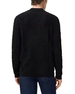 John Varvatos Haynes Open Collar Cable Knit Polo Sweater - Black