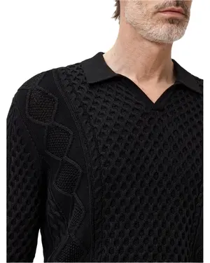 John Varvatos Haynes Open Collar Cable Knit Polo Sweater - Black