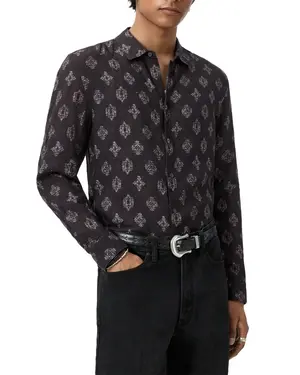 John Varvatos Ross Slim Fit Printed Button Front Shirt - Plum