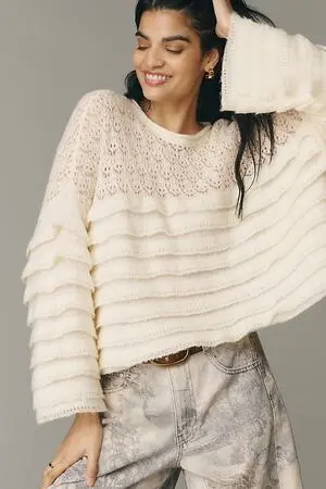 PILCRO Boatneck Ruffled Pointelle Swing Sweater