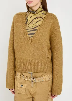 GANNI Melange Brushed Wool-blend V-neck Jumper - Multicoloured