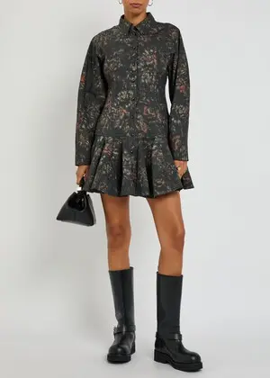 GANNI Printed Stretch-cotton Mini Shirt Dress - Black