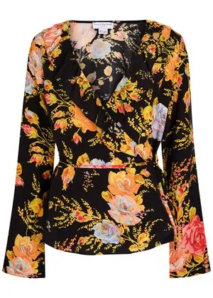 NEVER FULLY DRESSED Floral-print Chiffon Wrap Top - Black