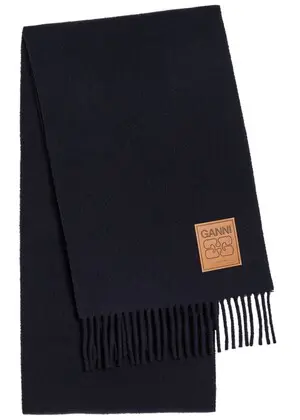 GANNI Designer-appliqué Fringed Wool Scarf - Black