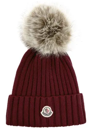 Moncler Ribbed Wool Bobble Hat - Red Dark