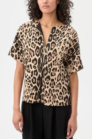 Trina Turk Stagehands Leopard Print Short Sleeve Top
