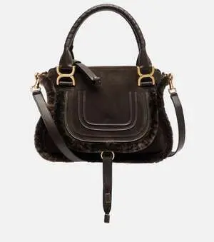 Chloé Marcie Small Shearling-trimmed Suede Tote Bag - Brown