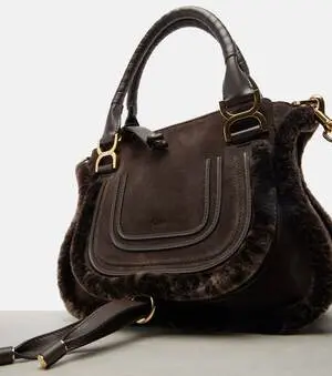 Chloé Marcie Small Shearling-trimmed Suede Tote Bag - Brown