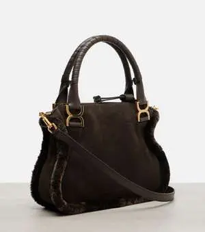 Chloé Marcie Small Shearling-trimmed Suede Tote Bag - Brown