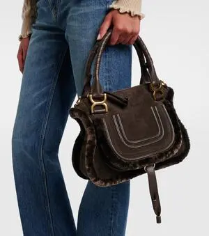 Chloé Marcie Small Shearling-trimmed Suede Tote Bag - Brown