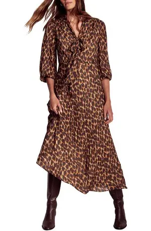 Boden Leopard Print Tie Neck Midi Dress