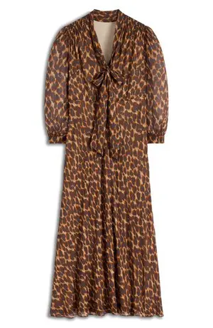 Boden Leopard Print Tie Neck Midi Dress