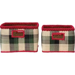 STORIED HOME Hand-woven Seagrass Baskets With Check Pattern & Fuchsia Trim Green & Natural - Black