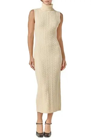 English Factory Sleeveless Cable Stitch Turtleneck Maxi Sweater Dress - Ivory