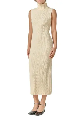 English Factory Sleeveless Cable Stitch Turtleneck Maxi Sweater Dress - Ivory