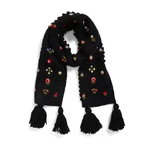 FRENCH KNOT Narrow Cable Knit Scarf - Black