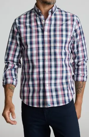 UNTUCKIT Schwarz Regular Fit Plaid Wrinkle Free Cotton Button-down Shirt - Dark Blue White Red