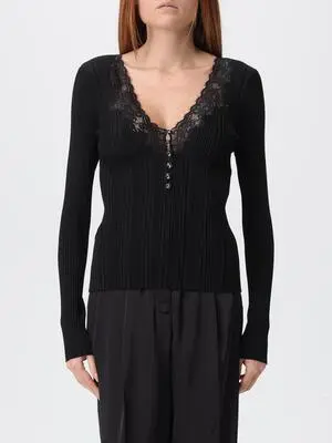 SELF-PORTRAIT Ribbed Lace Trim Top - Black