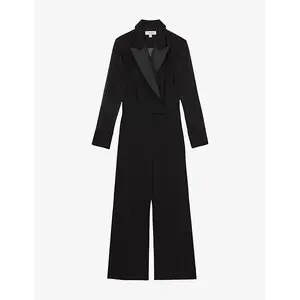 REISS Perla Sheer-sleeve Woven Tuxedo Jumpsuit - Black
