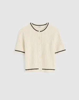 Madewell Ribbed Puff-sleeve Cardigan - Antique Cream And Black