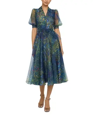 Theia Winnie Puff Sleeve Midi Dress