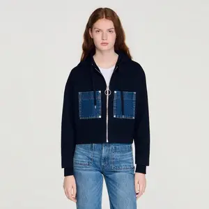Sandro Knit Hoodie With Denim Pockets - Navy Blue