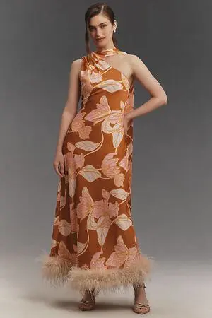 HUTCH One-shoulder Faux-feather Trim Maxi Dress - Yellow Pattern