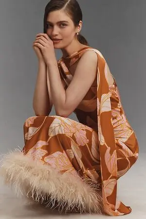 HUTCH One-shoulder Faux-feather Trim Maxi Dress - Yellow Pattern