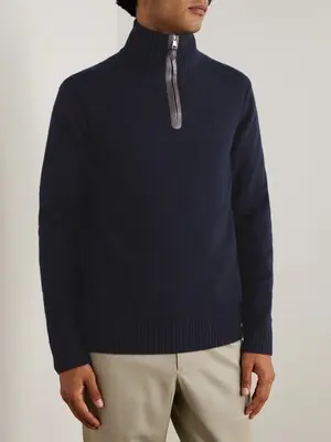 Purdey Leather-trimmed Cashmere Half-zip Sweater - Blue