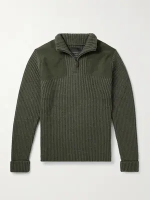 Purdey Commando Suede-trimmed Ribbed Wool Half-zip Sweater