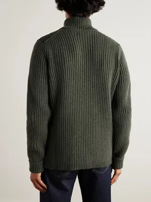 Purdey Commando Suede-trimmed Ribbed Wool Half-zip Sweater