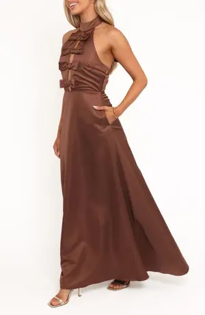 PETAL & PUP Norva Bow Front Halter Satin Maxi Dress
