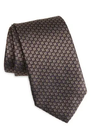 Canali Geometric Pattern Silk Jacquard Tie - Brown