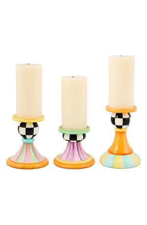 MACKENZIE-CHILDS Trick Or Treat Set Of 3 Pillar Candleholders
