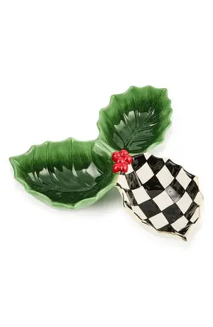 MACKENZIE-CHILDS Courtly Check Holly Leaf Hand Painted Ceramic Candy Dish - Green