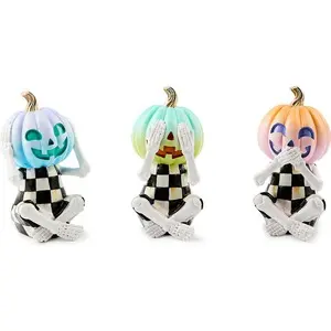 MACKENZIE-CHILDS Trick Or Treat Check Pumpkin Set Of 3 Skeleton Figurines - Black