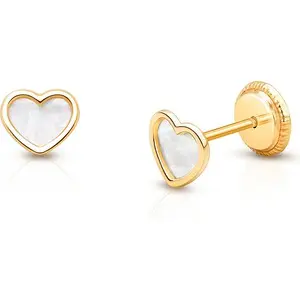 TINY BLESSINGS 14k Gold Mother Of Pearl Heart Stud Earrings - 14k Yellow Gold